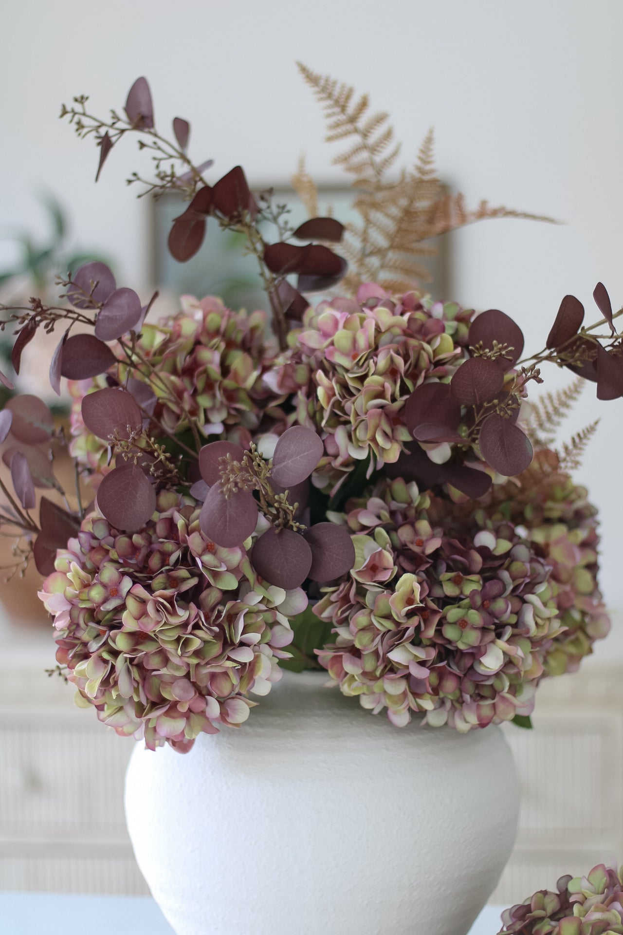 Faux Autumn Plum Hydrangea and Aubergine Eucalyptus Floral Arrangement ...