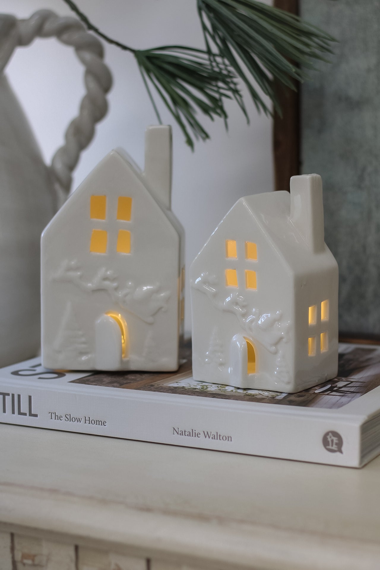 White Ceramic Christmas House with Santa's Sleigh and Reindeers - Ivy ...