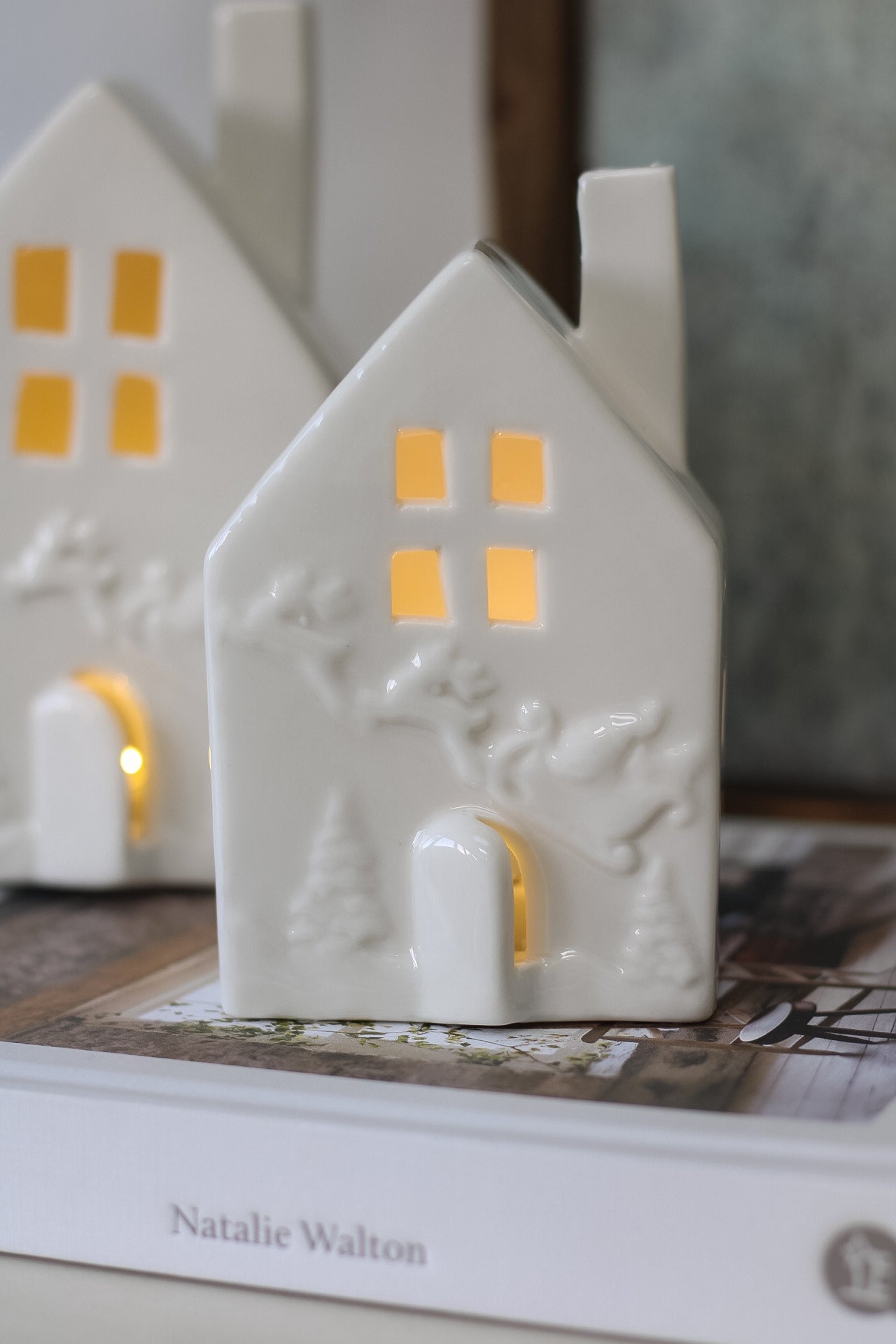 White Ceramic Christmas House with Santa's Sleigh and Reindeers - Ivy ...