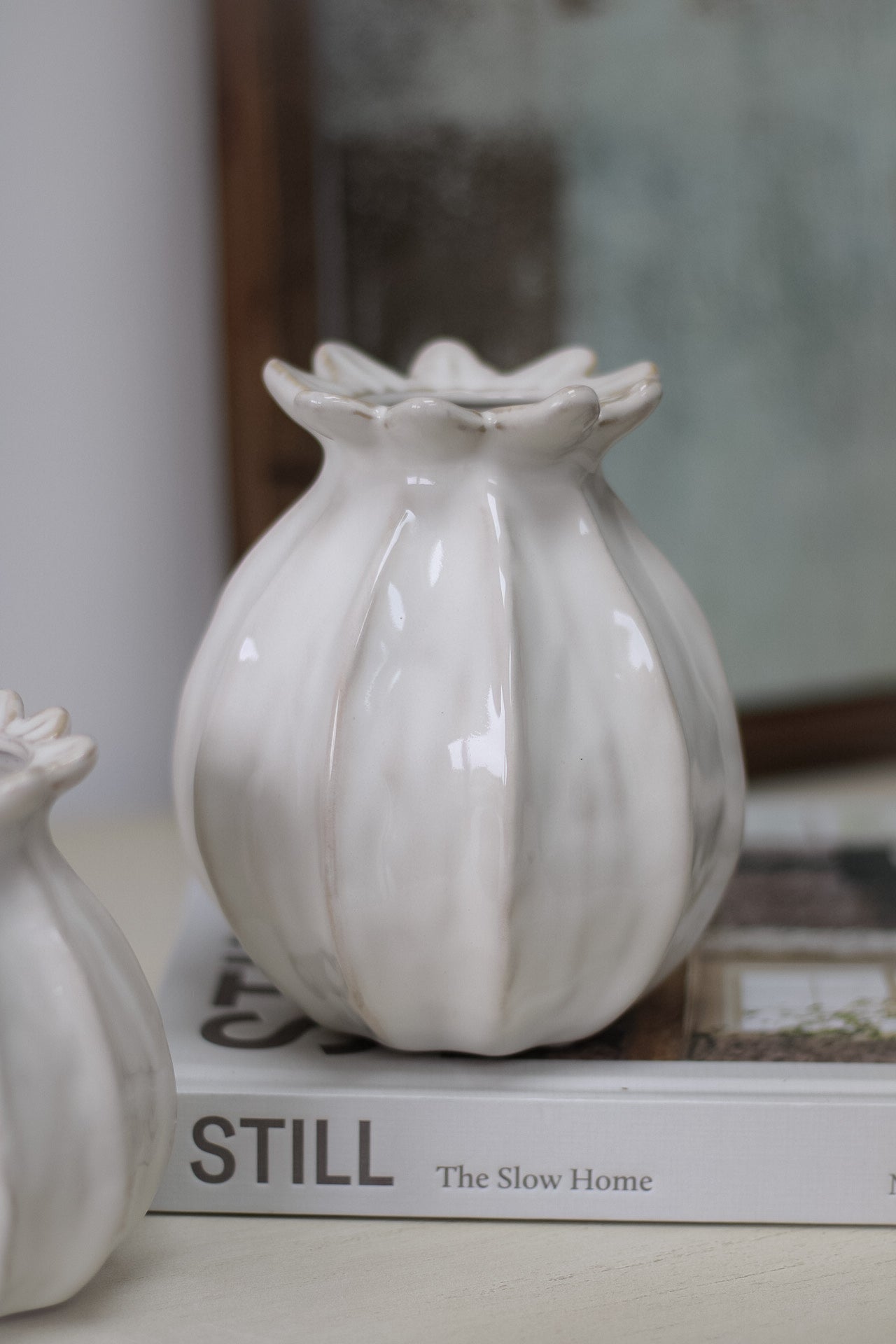 White Ceramic Poppy Head Vase - Ivy Grey Interiors