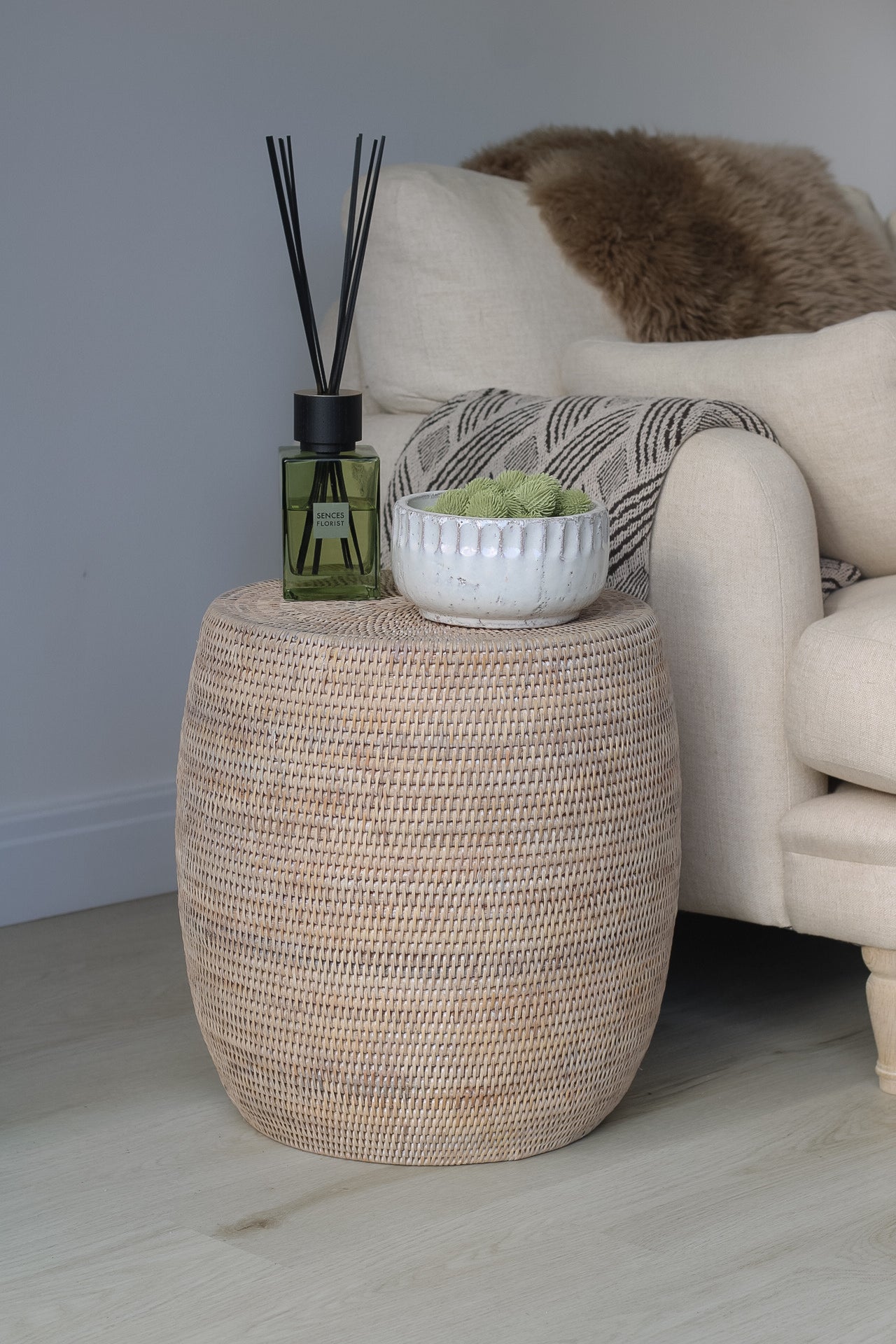 White Washed Rattan Drum Stool - Ivy Grey Interiors