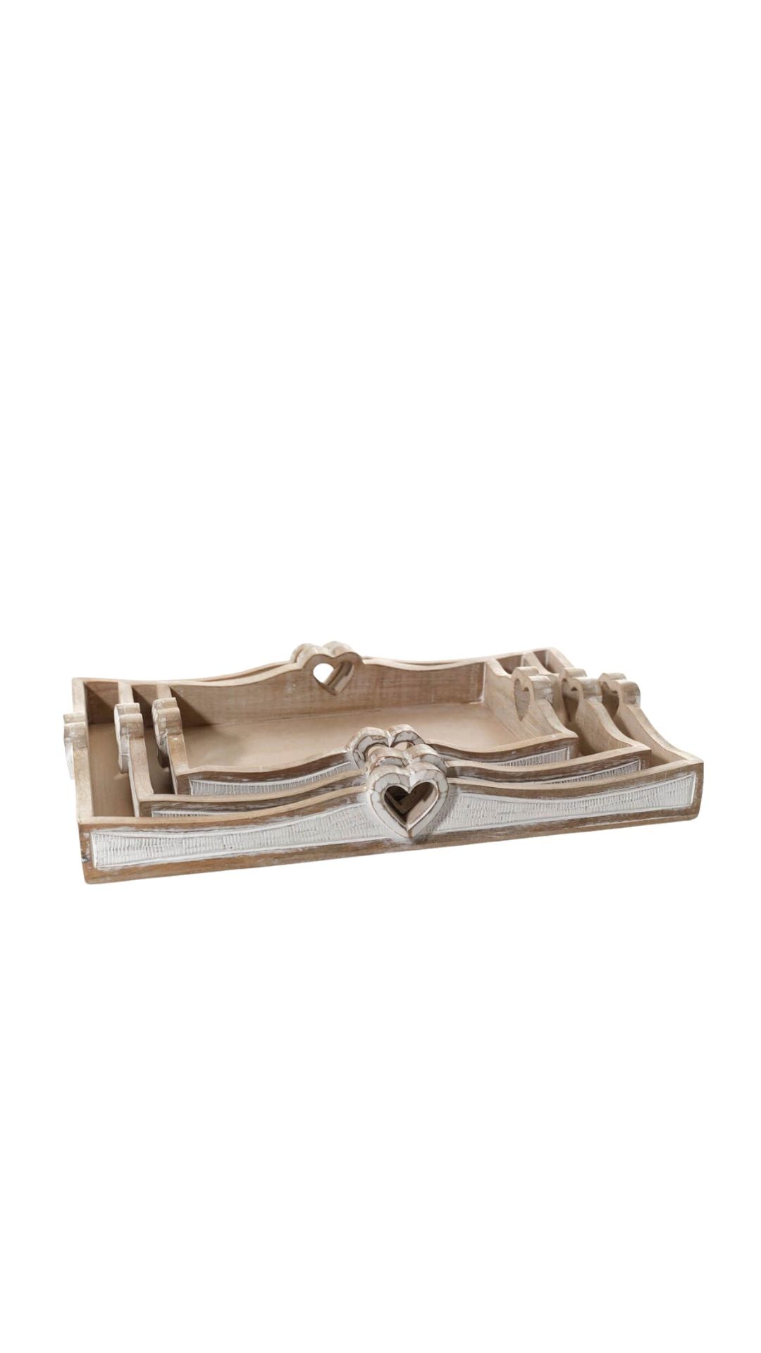 White Washed Rectangular Mango Wood Tray with Heart Handles - Ivy Grey Interiors