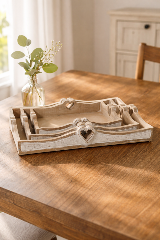 White Washed Rectangular Mango Wood Tray with Heart Handles - Ivy Grey ...