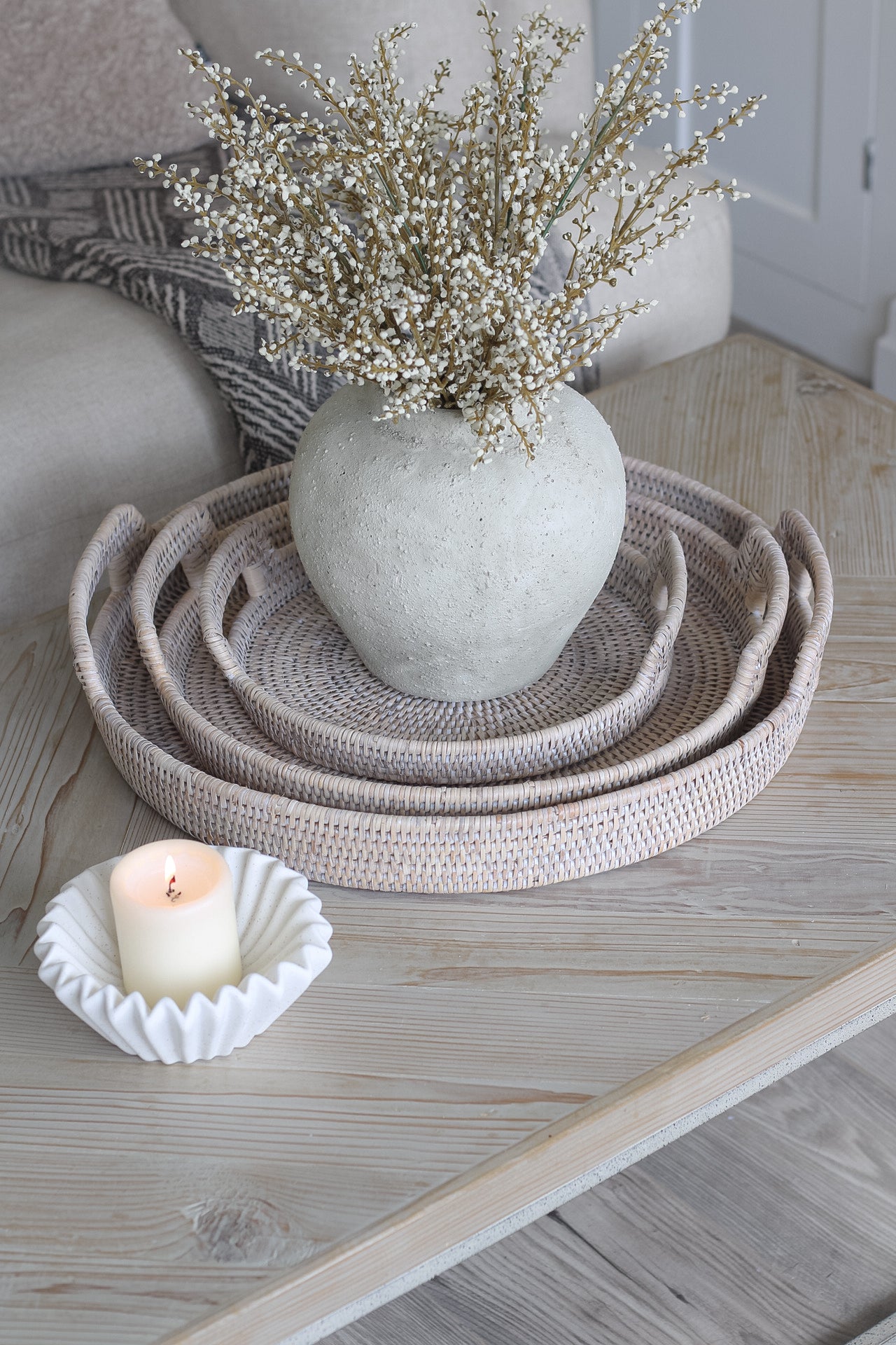 White Washed Round Rattan Tray with Handles - Ivy Grey Interiors