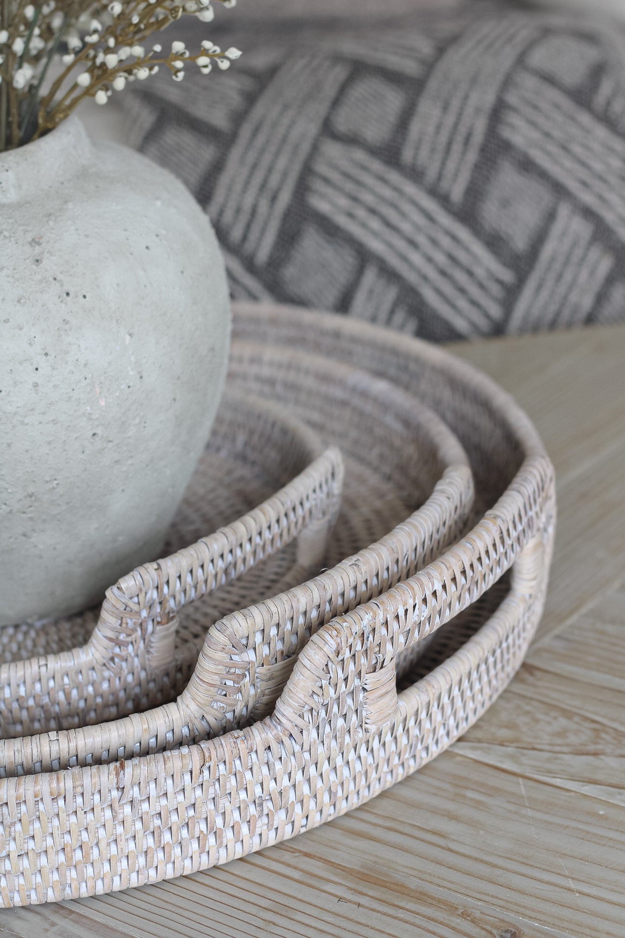 White Washed Round Rattan Tray with Handles - Ivy Grey Interiors