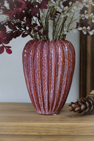 Raspberry Ribbed Ceramic Vase - Ivy Grey Interiors